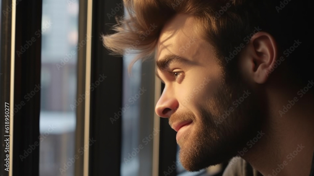 young adult male, longing, looking out window, side view, asian ...
