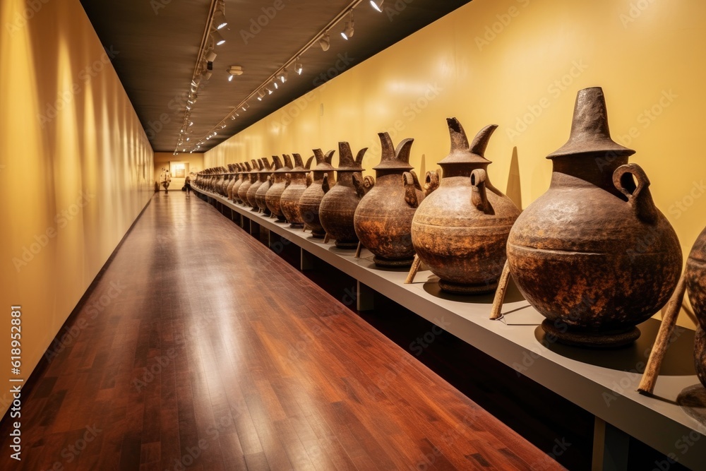 row of ancient amphorae in an archaeological museum, created with ...