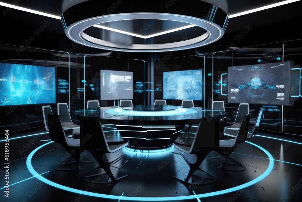 futuristic meeting room, with holographic displays and floating screens ...