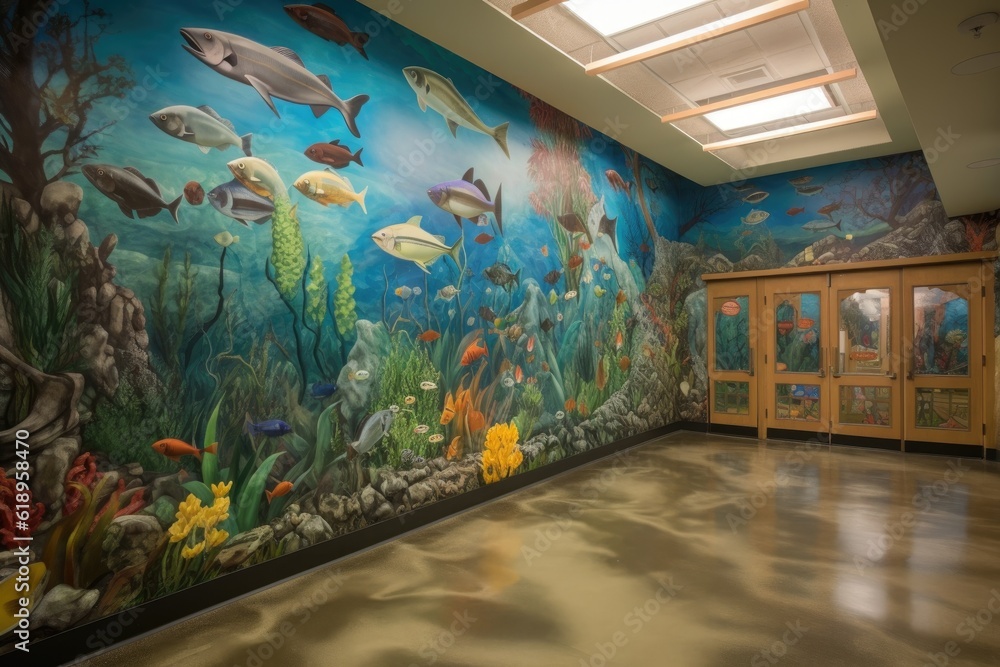 colorful mural of school of fish swimming in underwater scene, created ...