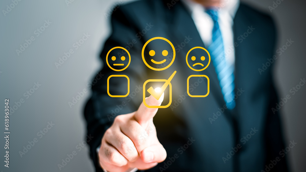 Businessman giving customer service satisfaction rating with happy ...