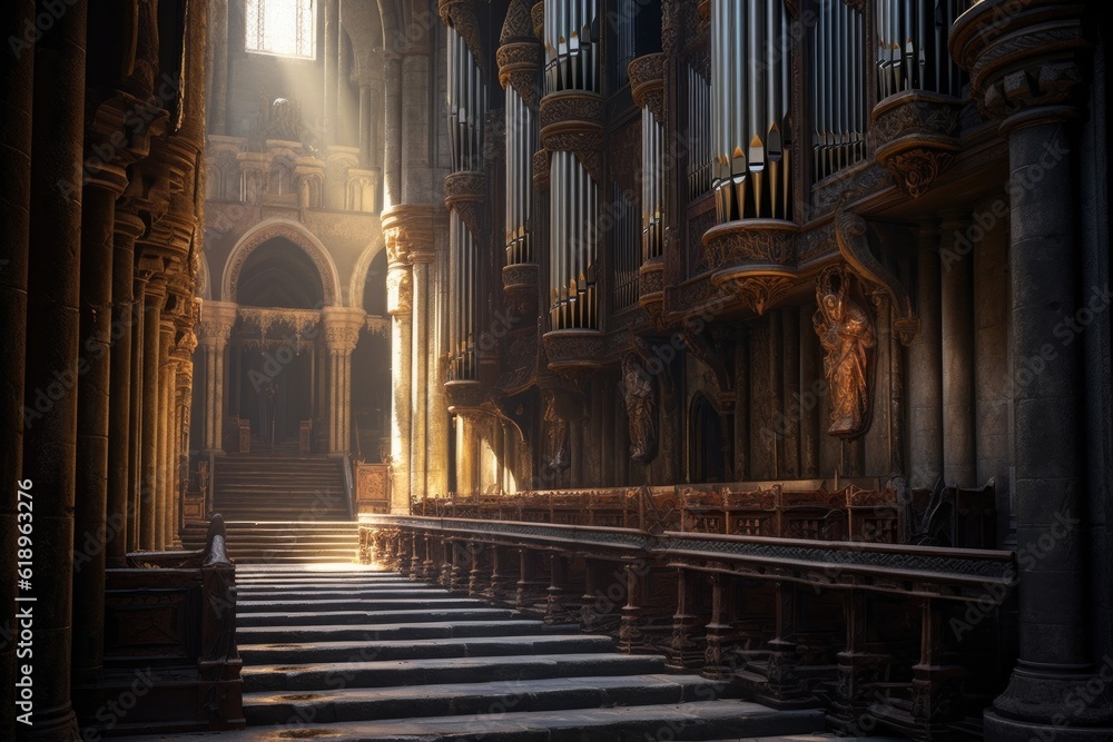 majestic pipe organ in a medieval cathedral setting, created with ...