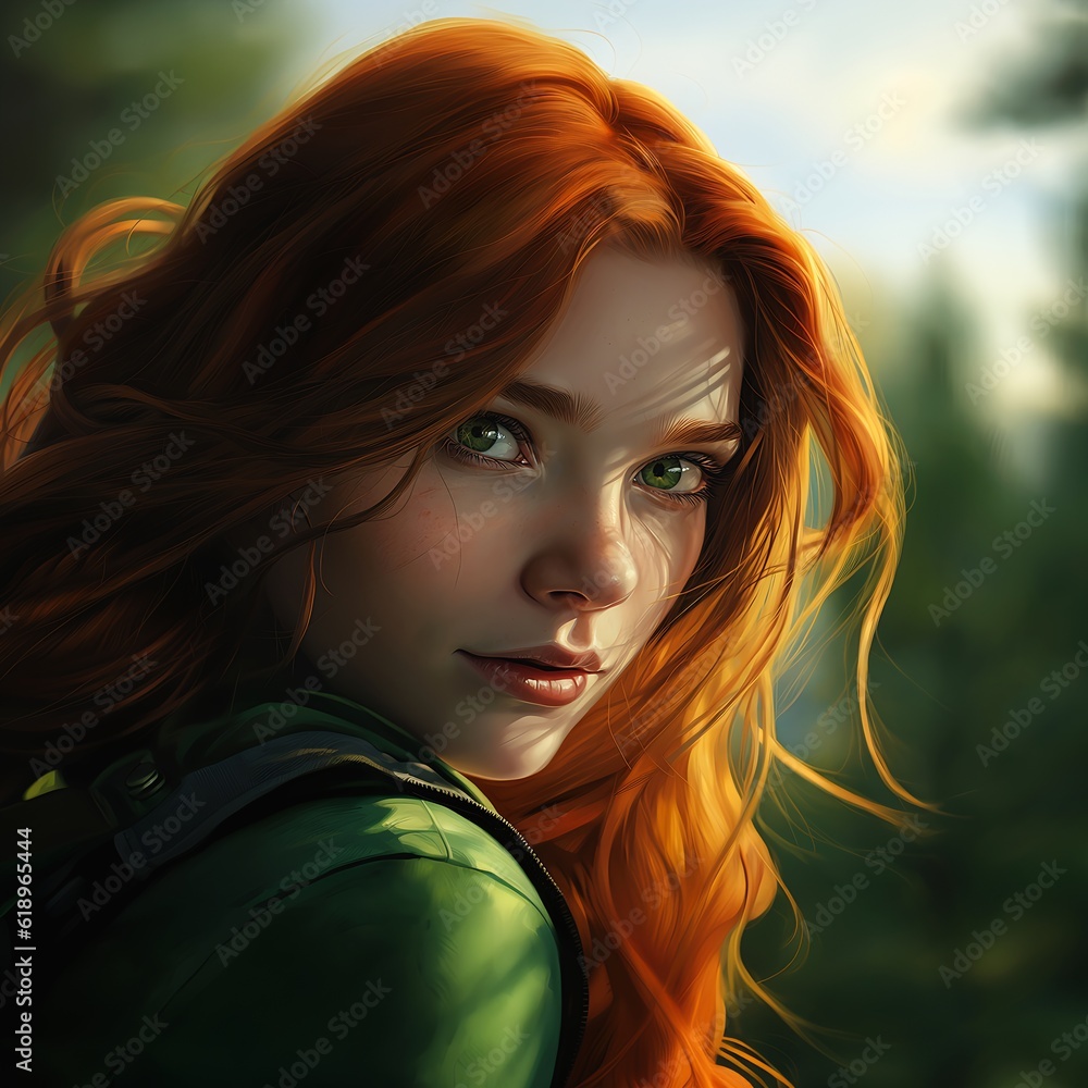 closeup woman red hair green eyes full body portrait ranger background ...
