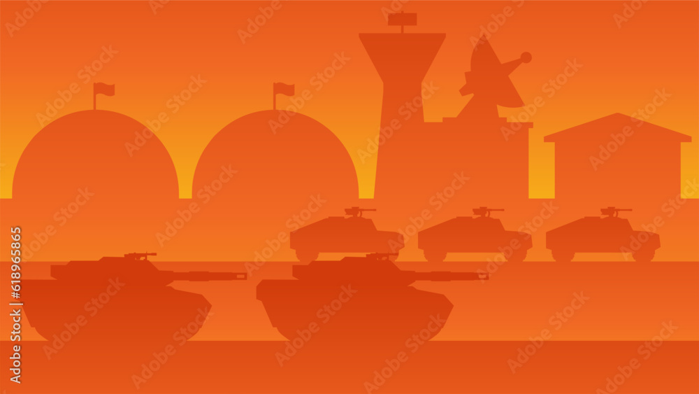 Military base landscape vector illustration. Military army with tank ...