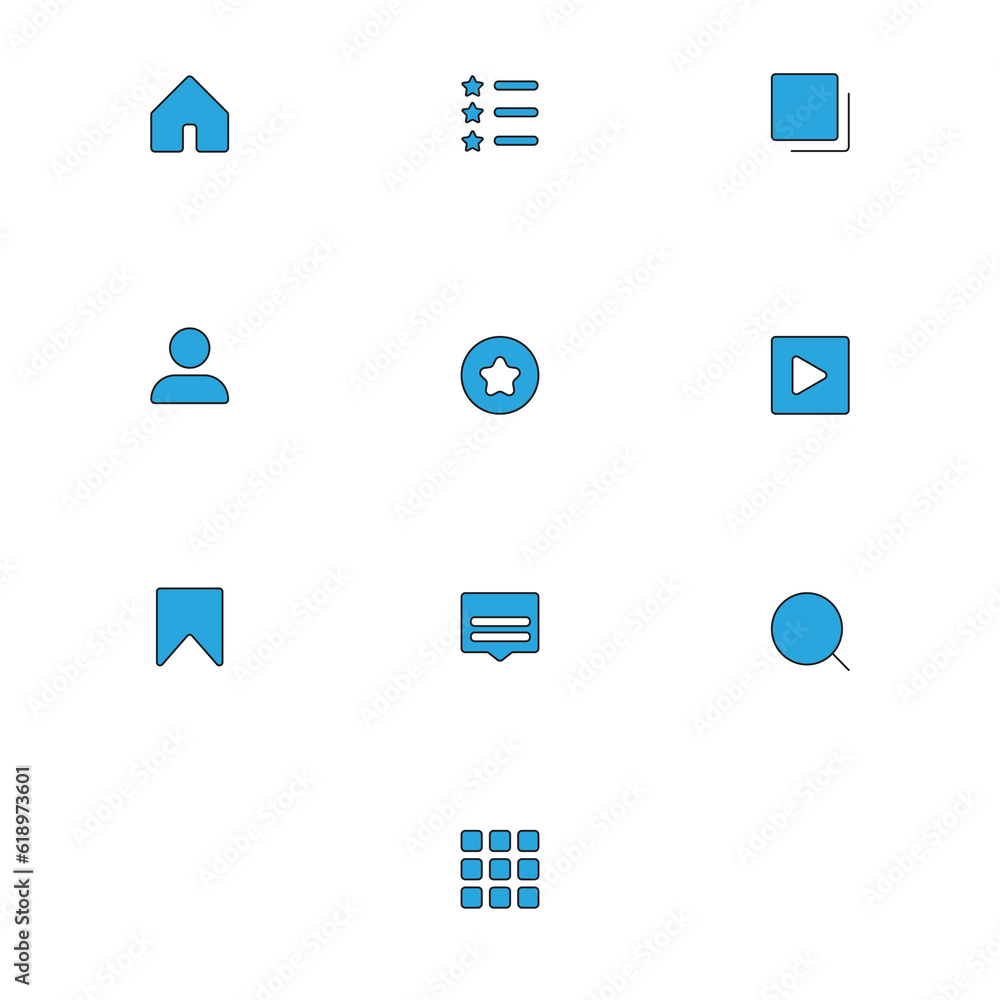 Cute blue menu icon set with black outlines UI icons for user interface ...