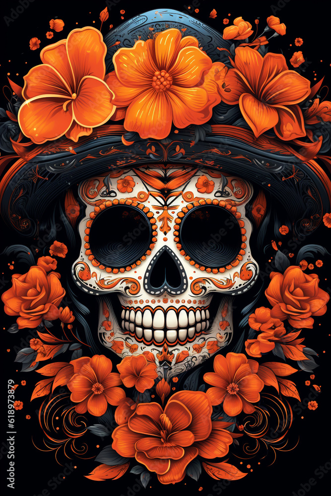 La Catrina dia de muertos Skull. Bemalter Schädel mit Hut in orange und ...