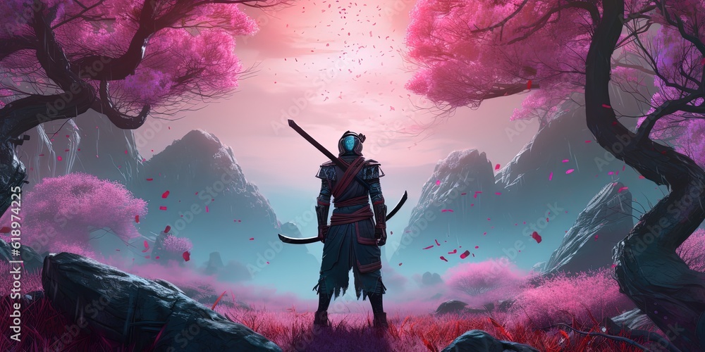 Samurai in beautiful sakura background, modern samurai standing in ...