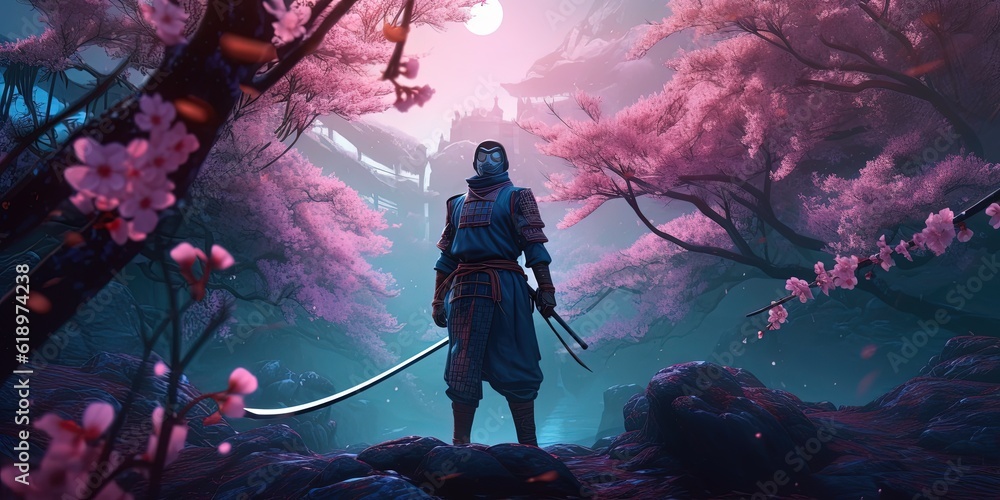 ภาพประกอบสต็อก Samurai in beautiful sakura background, modern samurai ...