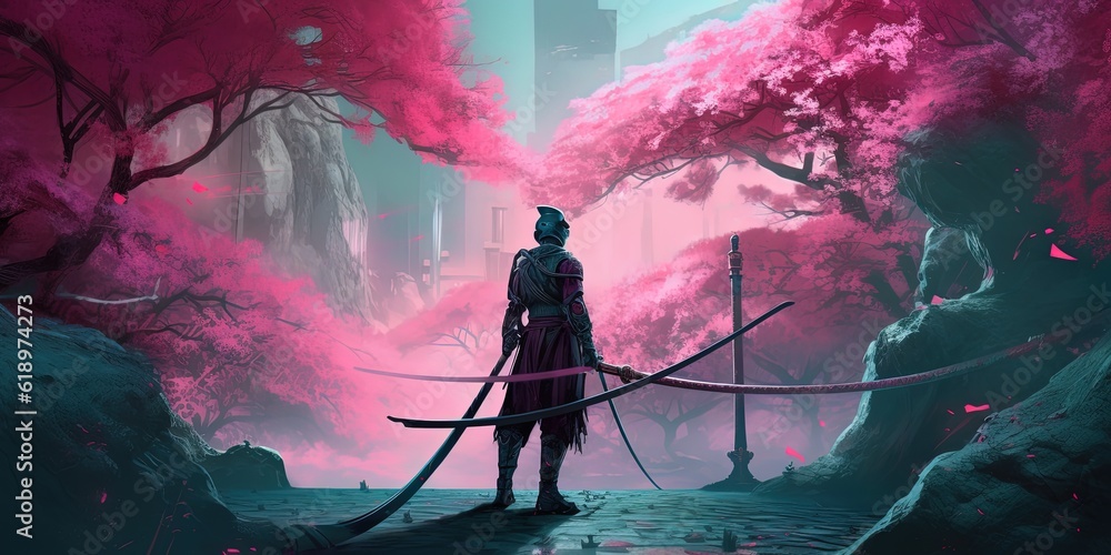 Samurai in beautiful sakura background, modern samurai standing in ...