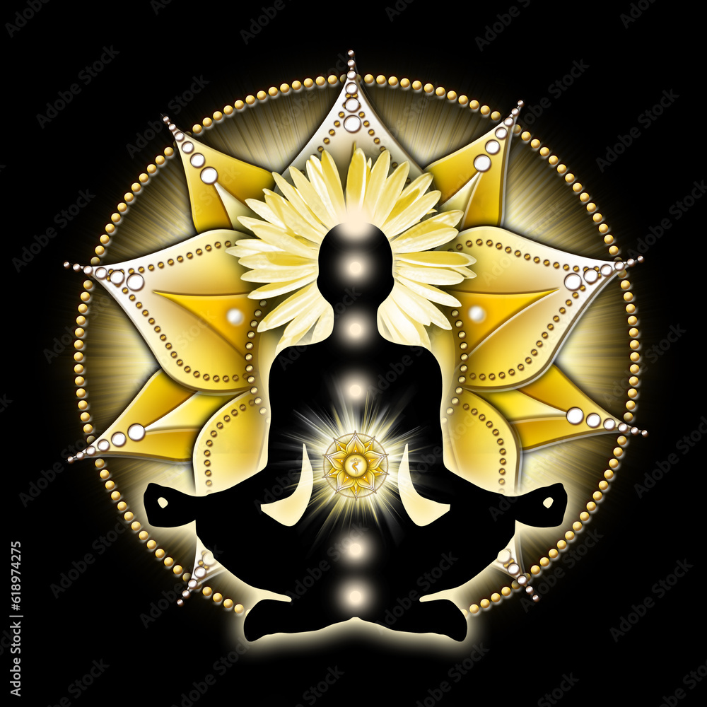 Solar plexus chakra meditation in yoga lotus pose, in front of Manipura ...