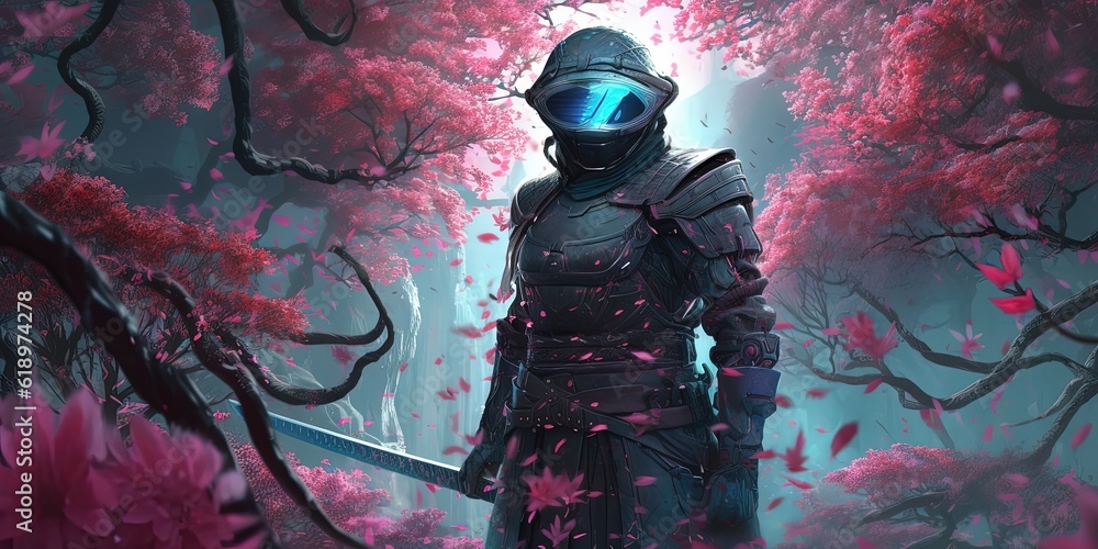 Samurai in beautiful sakura background, modern samurai standing in ...