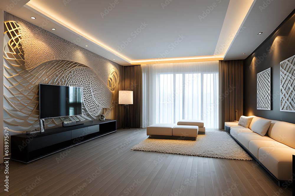 capturing room interior design with fishbone flooring transformed Stock ...