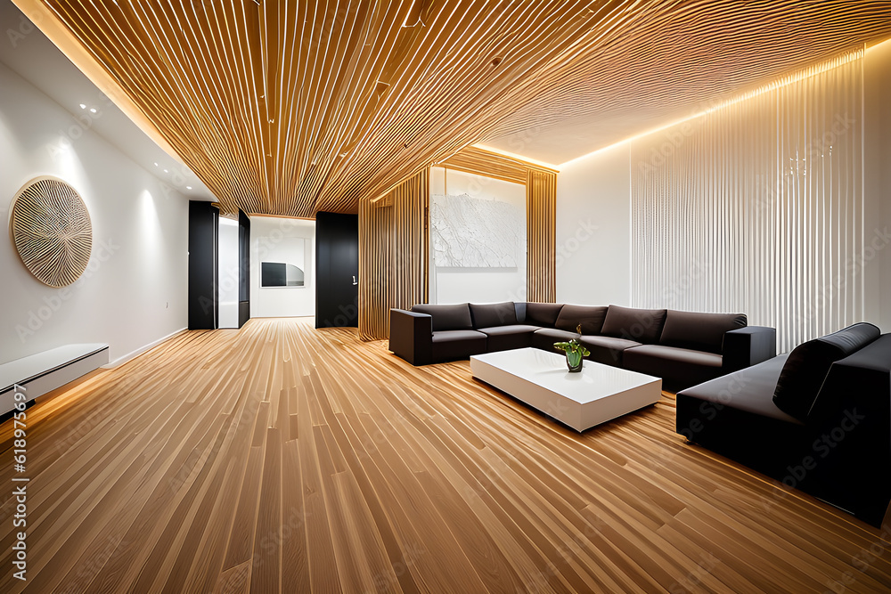 capturing room interior design with fishbone flooring transformed Stock ...