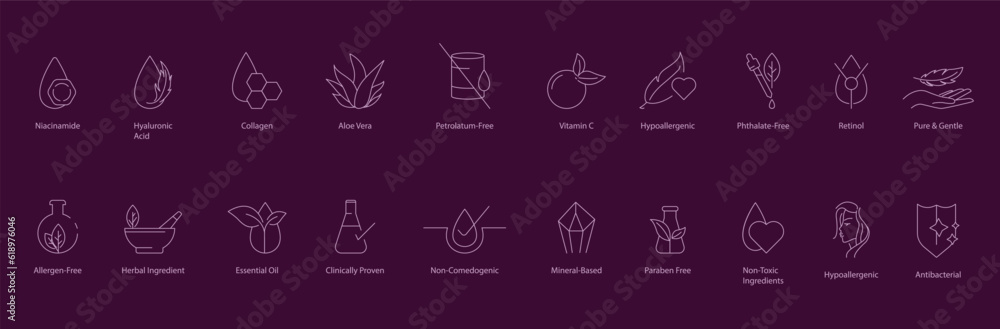 Essential Skincare Ingredients: Vector Icons Representing Niacinamide ...