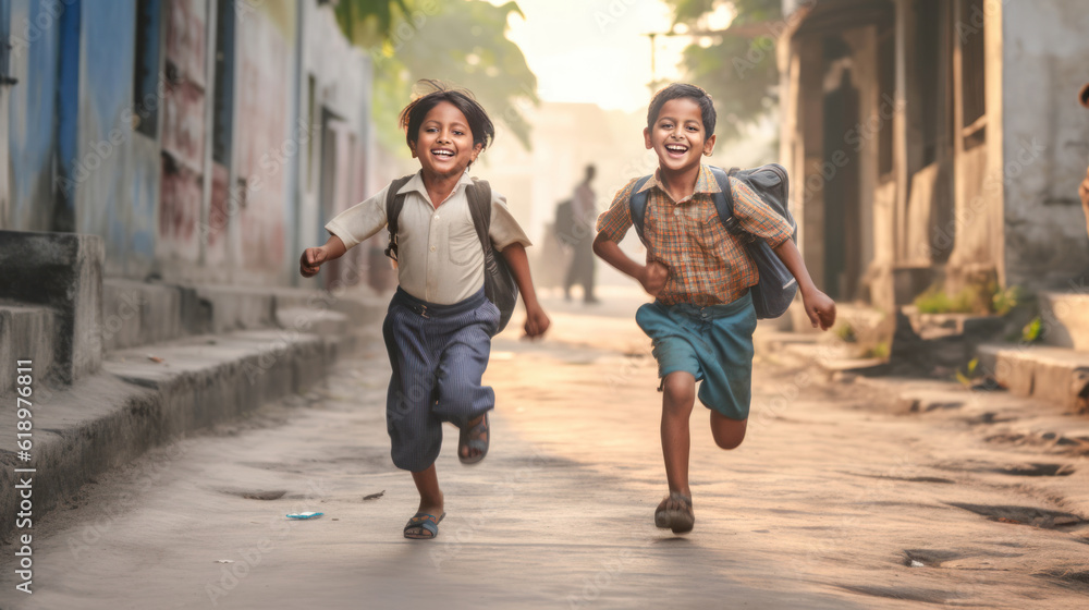 Group of happy little indian kids with backpacks looking at camera ...