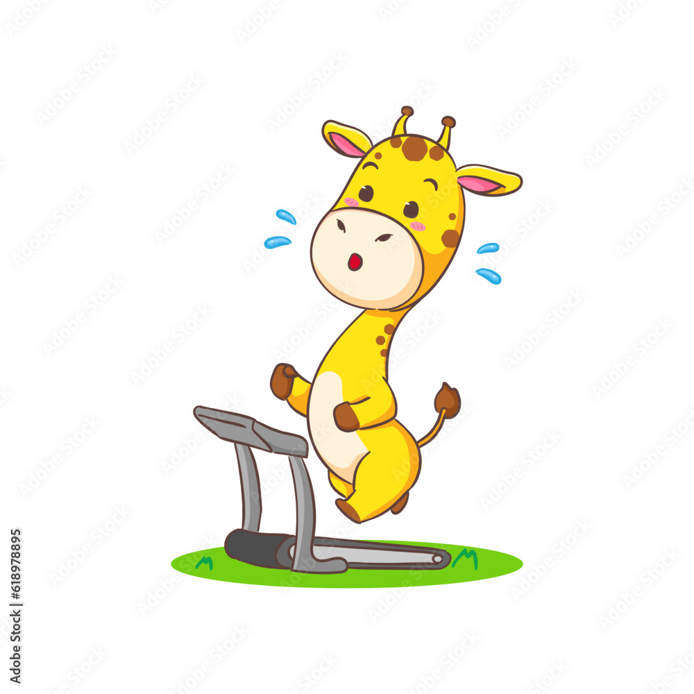 Cute happy giraffe running on treadmill cartoon character on white ...