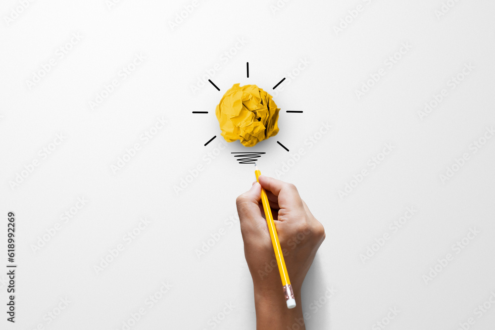 Creative thinking ideas and innovation concept. Paper scrap ball yellow ...