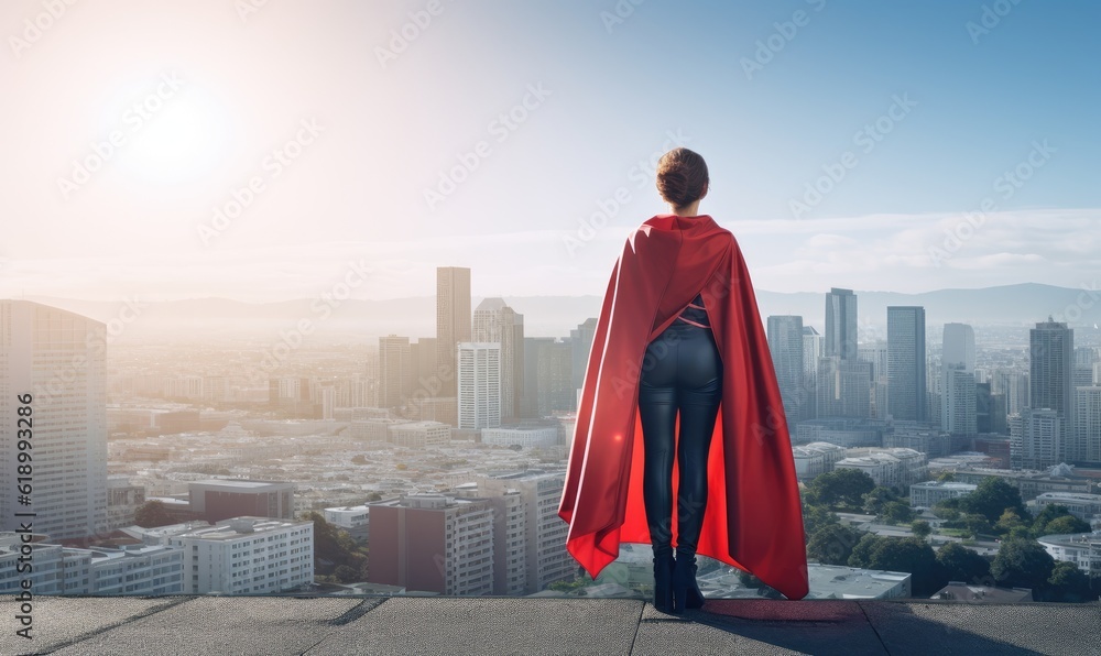 Powerful female superhero overlooking urban landscape Creating using ...