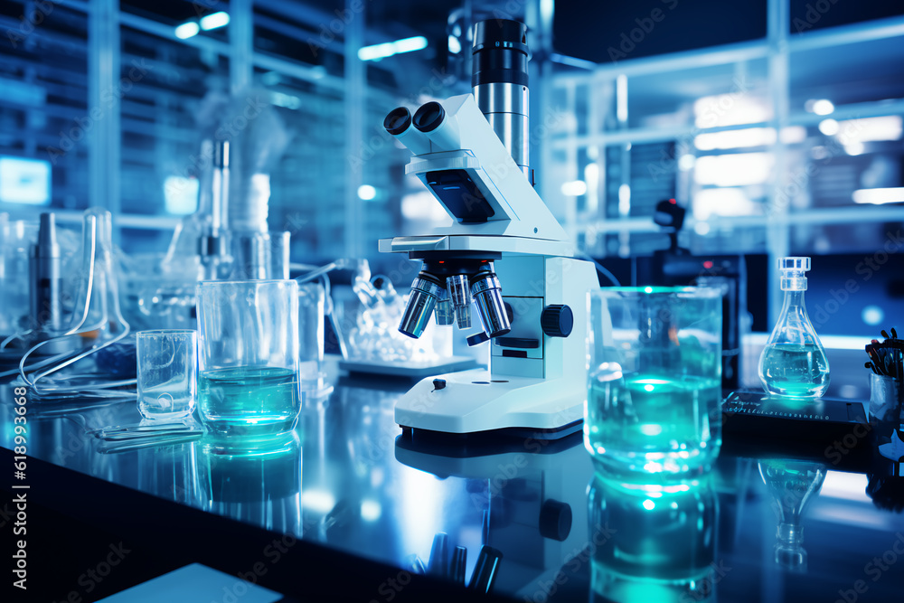 Microscope with lab glassware in modern medical laboratory, Microscopes ...