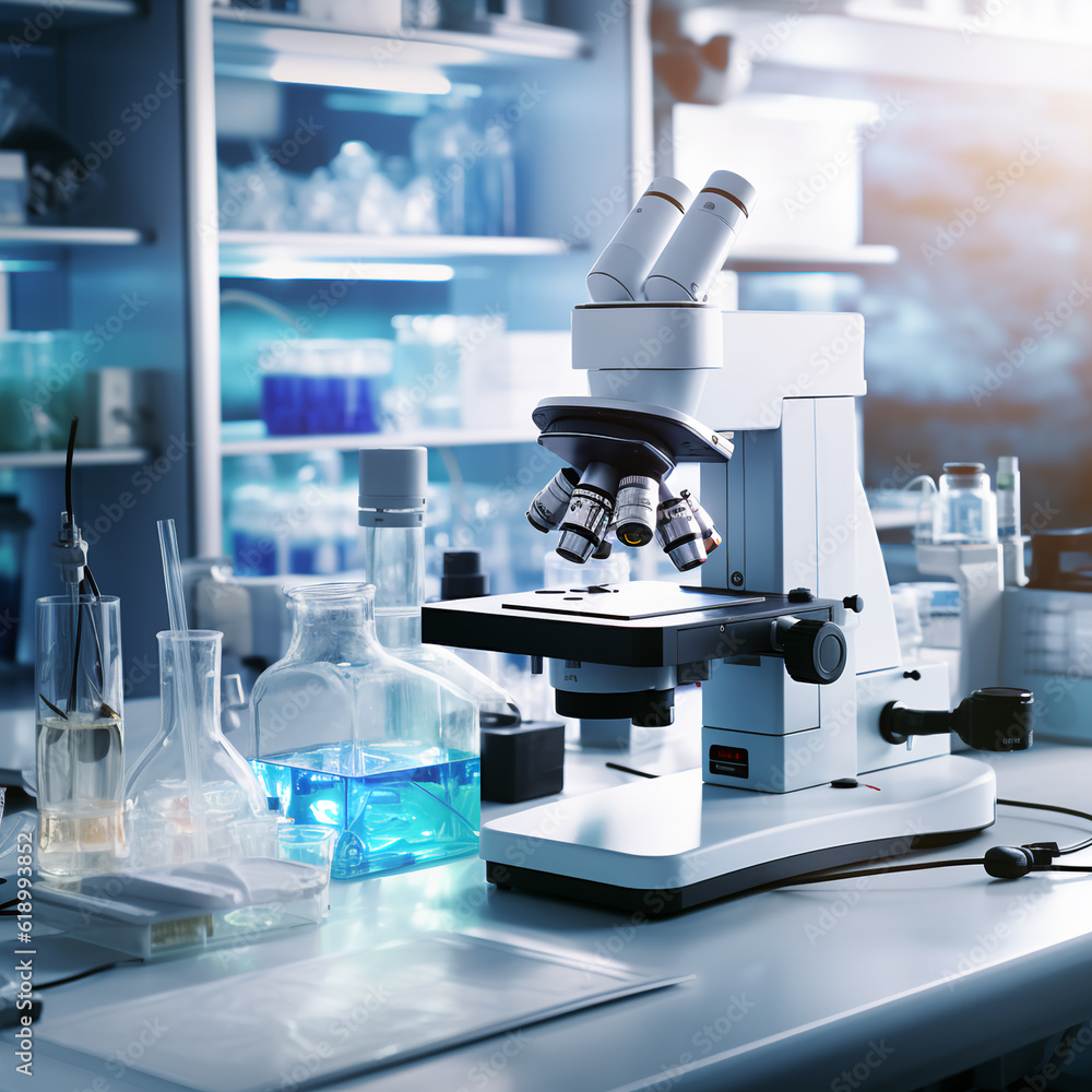 Microscope with lab glassware in modern medical laboratory, Microscopes ...