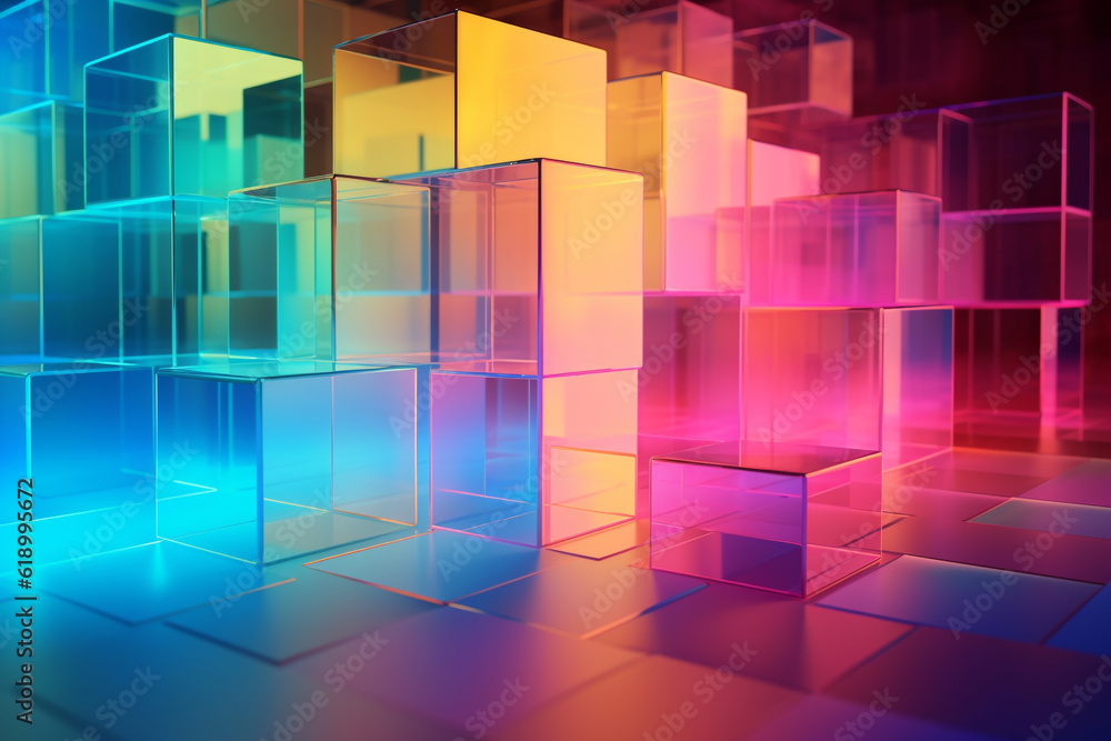 Colorful glass cubes illuminated with light and reflects colorful light ...