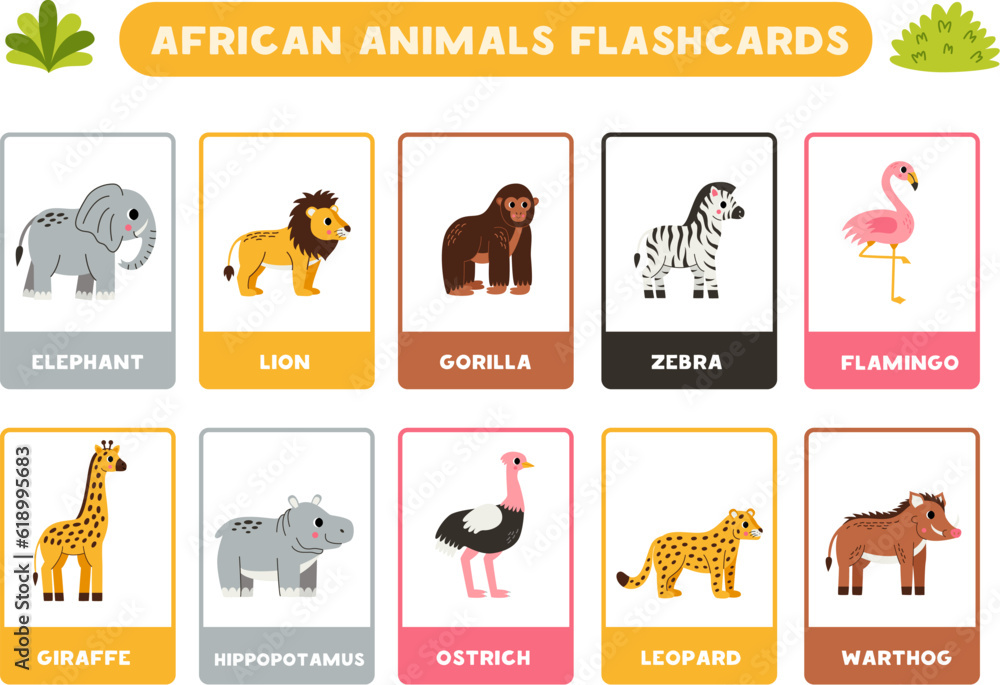 Cute African animals with names. Flashcards for learning English. Stock ...