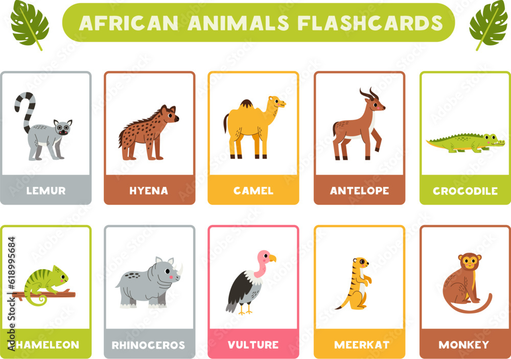Cute African animals with names. Flashcards for learning English. Stock ...