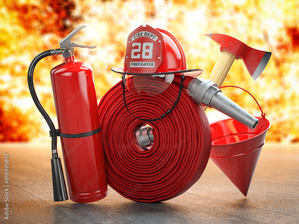 Firefighter equipment and tools on fore background. Fire hose, fire hat ...