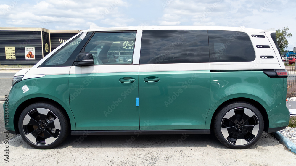 VW ID Buzz car side new van ev electric vehicle modern bus Stock Photo ...