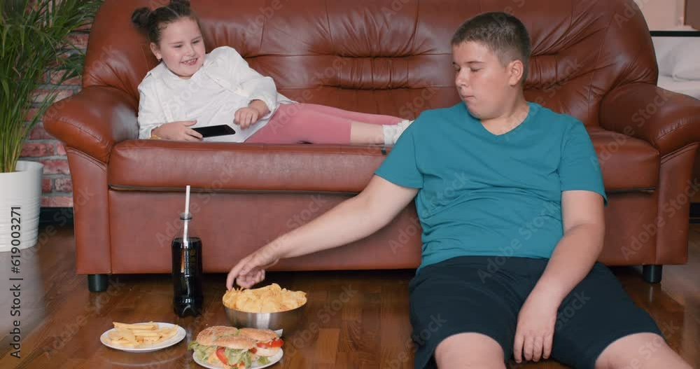 Overweight fat boy sitting on floor, plump girl lying on sofs they eat ...