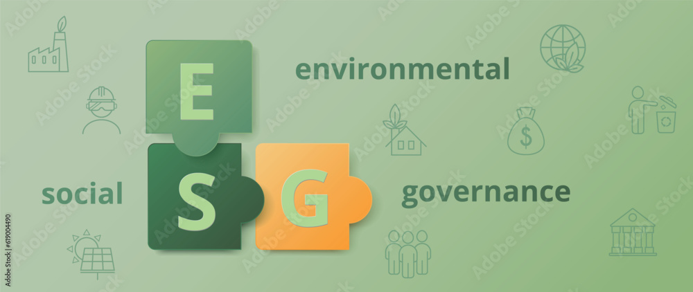 ESG banner. An abbreviation in the form of puzzles. Environment, Social ...