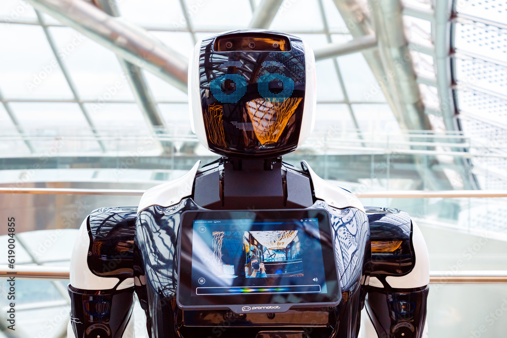 robot portrait close-up. smiling face of robot, photographer's ...