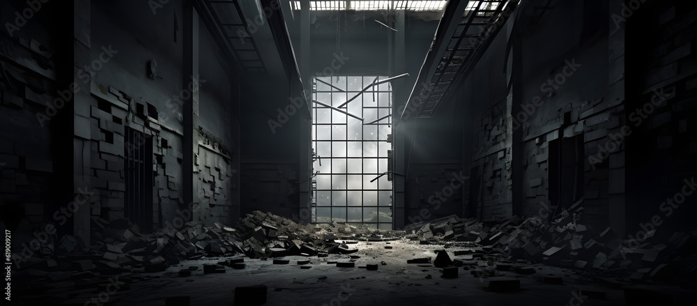 Inside a dark and dim abandoned or destroyed building. Crumbling ...