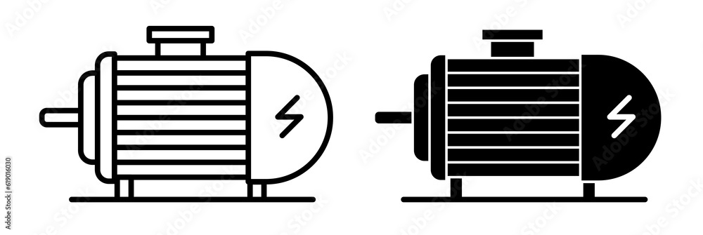 Industrial electric motor icon set in filled and outlined style ...