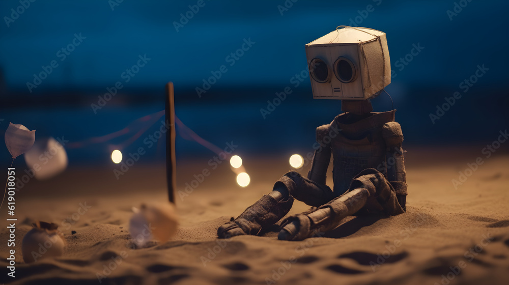 Photography animatronic sitting on the beach sand night, Generative AI ...