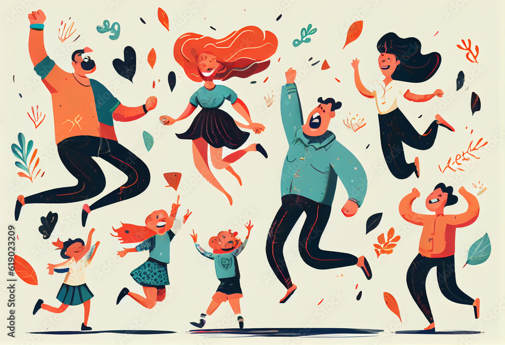 Happy children and adults jumping and having fun, emotional people ...