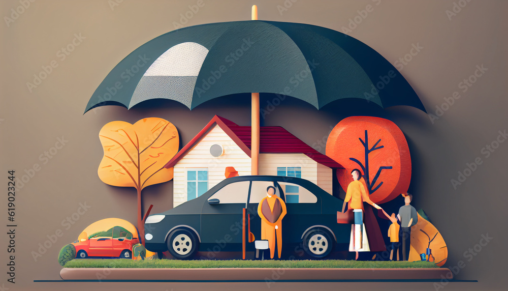 Insurance concept, logo, illustration. The family insured the car ...