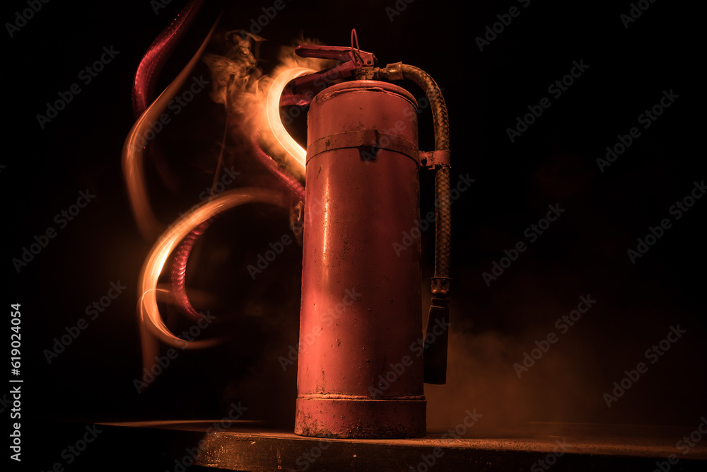 Fire extinguisher on dark background. Fire protection concept. Stock ...
