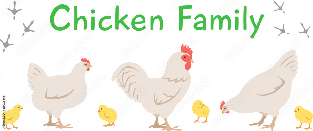 Chicken, rooster and chicks in different poses. Flat vector cartoon ...