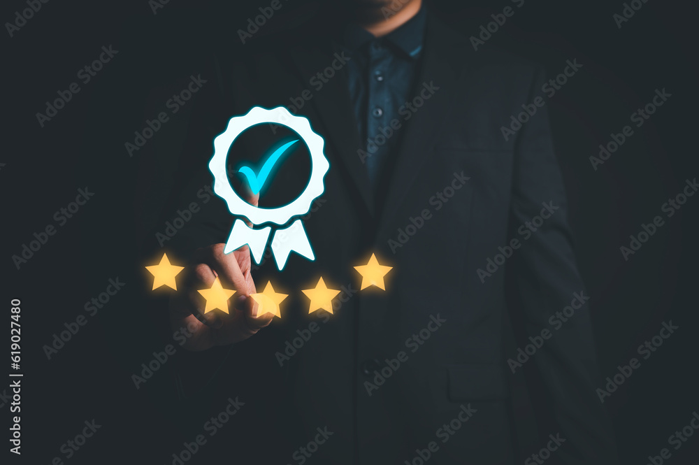 Certificate and ISO standard concept. Hand showing service quality ...