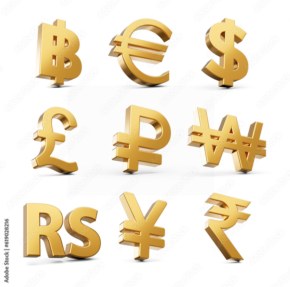 Poster 3d Set Of Nine Golden Shiny Currency Symbol Icons Isolated On ...