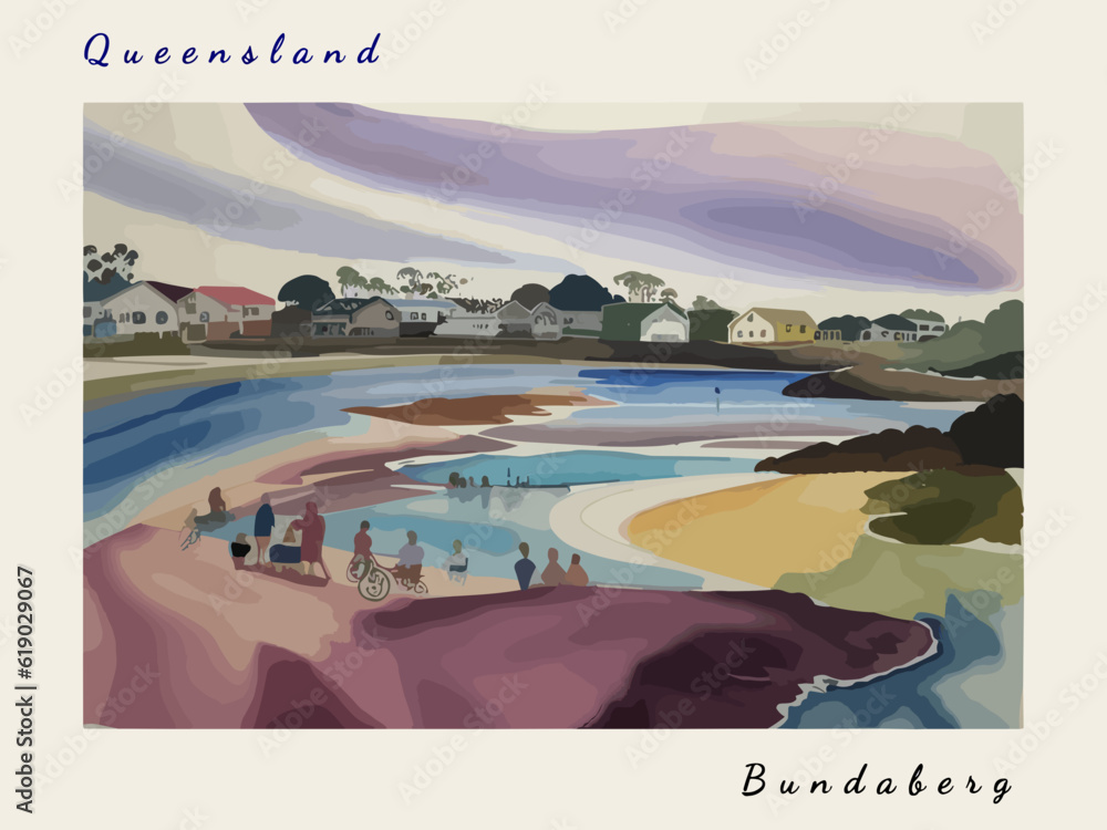 Bundaberg: Postcard design with a scene in Australia and the city name ...