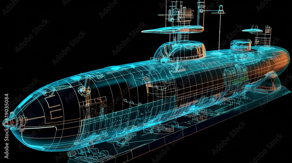 Generative AI image of a 3D wireframe projection of a submarine ...