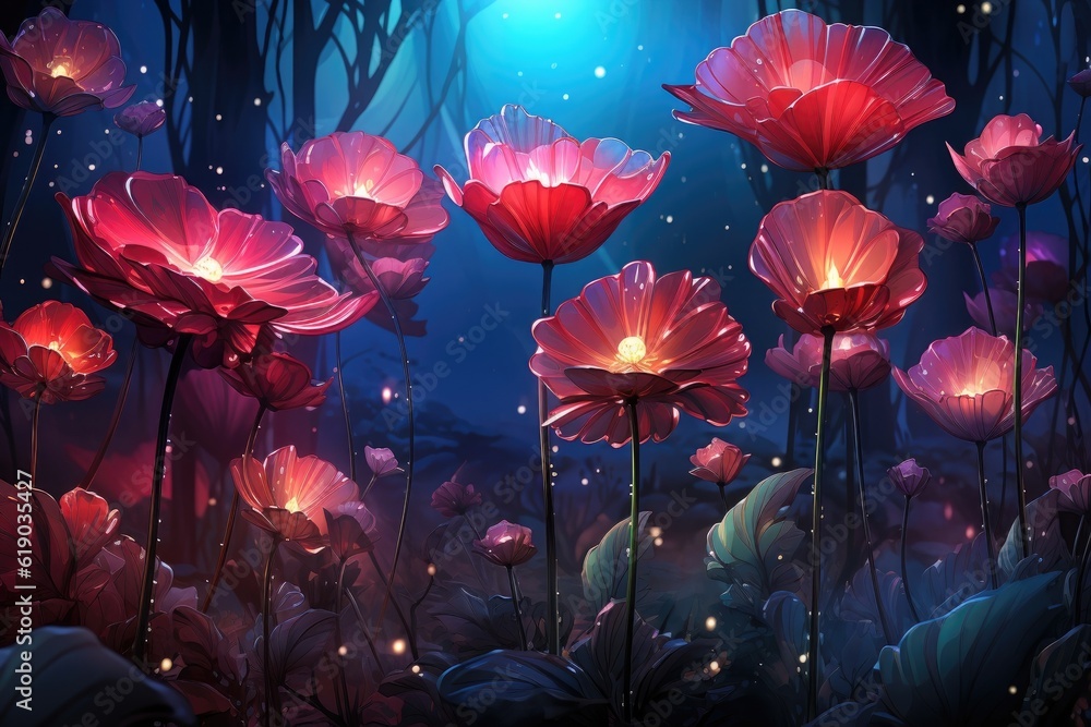 Vibrant flowers portrayed in a fantasy background with wildlife nature ...