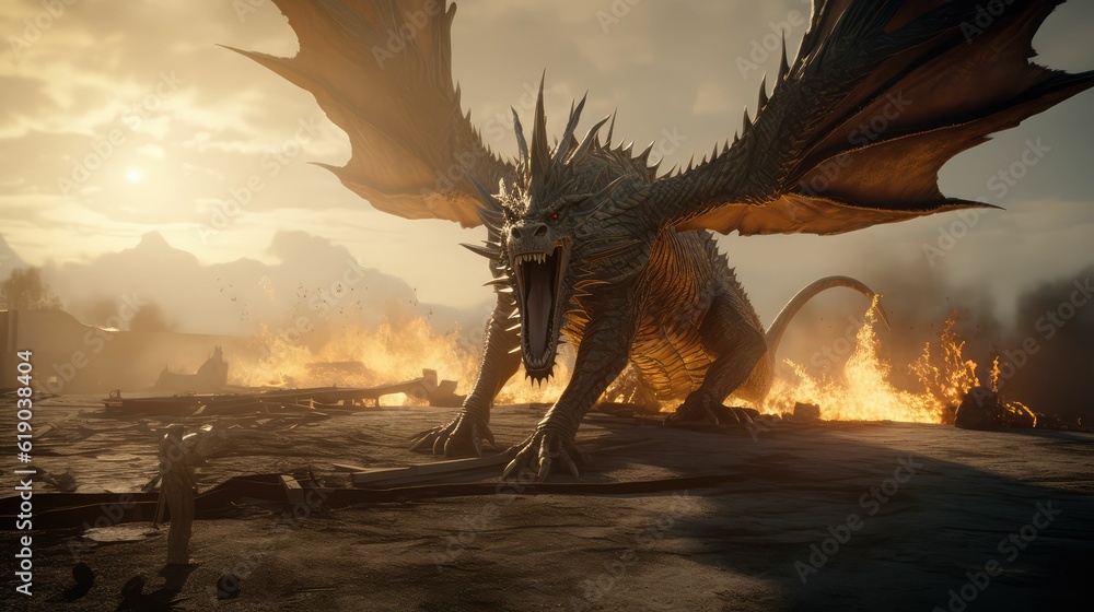 Fantasy black winged dragon and legion of knights, fire breathing ...