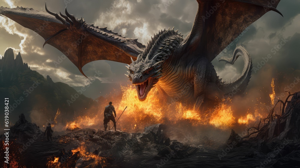 Fantasy black winged dragon and legion of knights, fire breathing ...