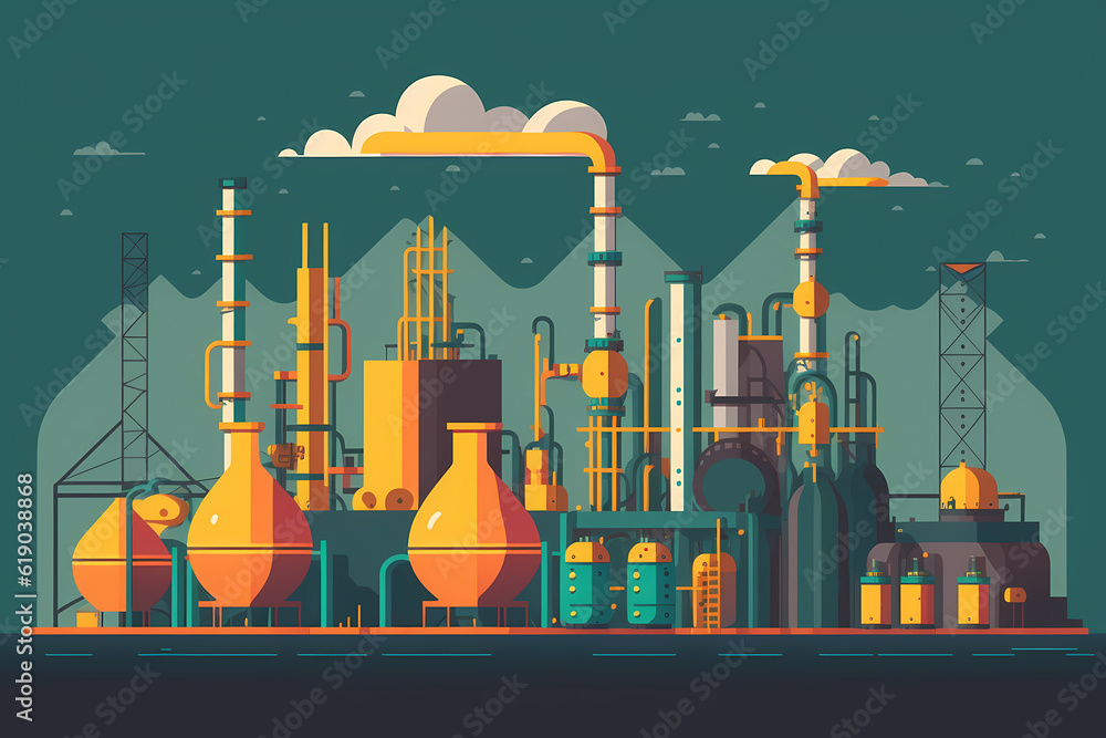 Conceptual image of a chemical plant with pipes and distillation towers ...