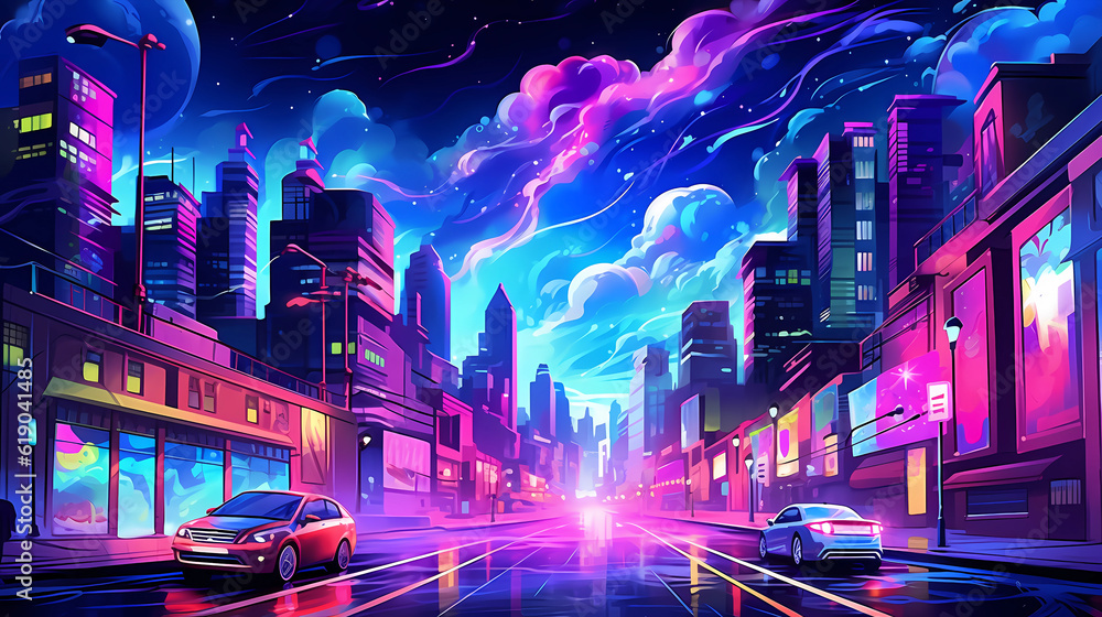 city street illustration at night and dusk in steam wave style Stock ...