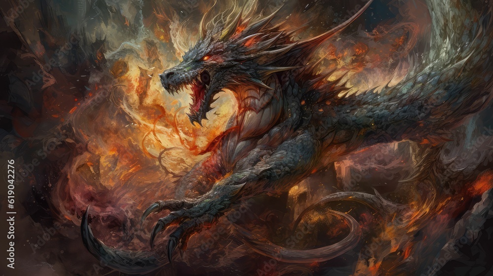 fiery red dragon, in the middle of a destroyed city, thick smoke in the ...