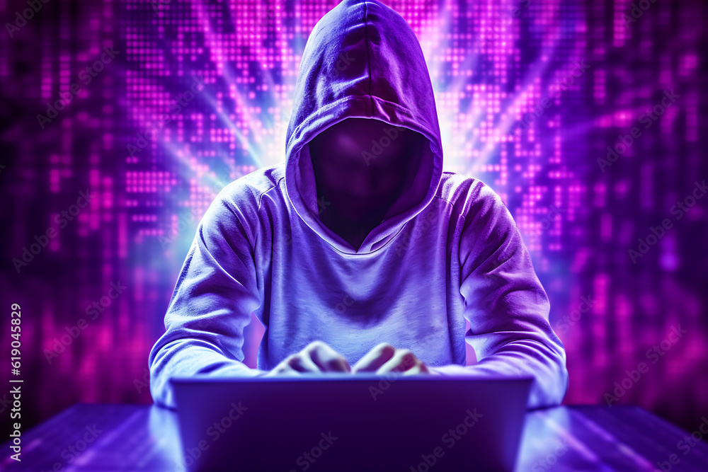 Faceless cybercriminal hacker in the hood using a laptop for a cyber ...